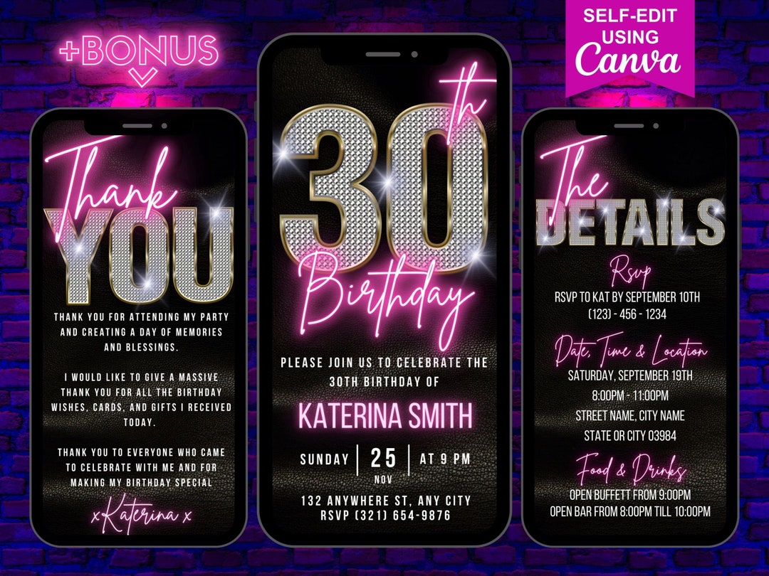 Digital 30th Birthday Invitation, Animated 30th Party Pink Bling Invite ...