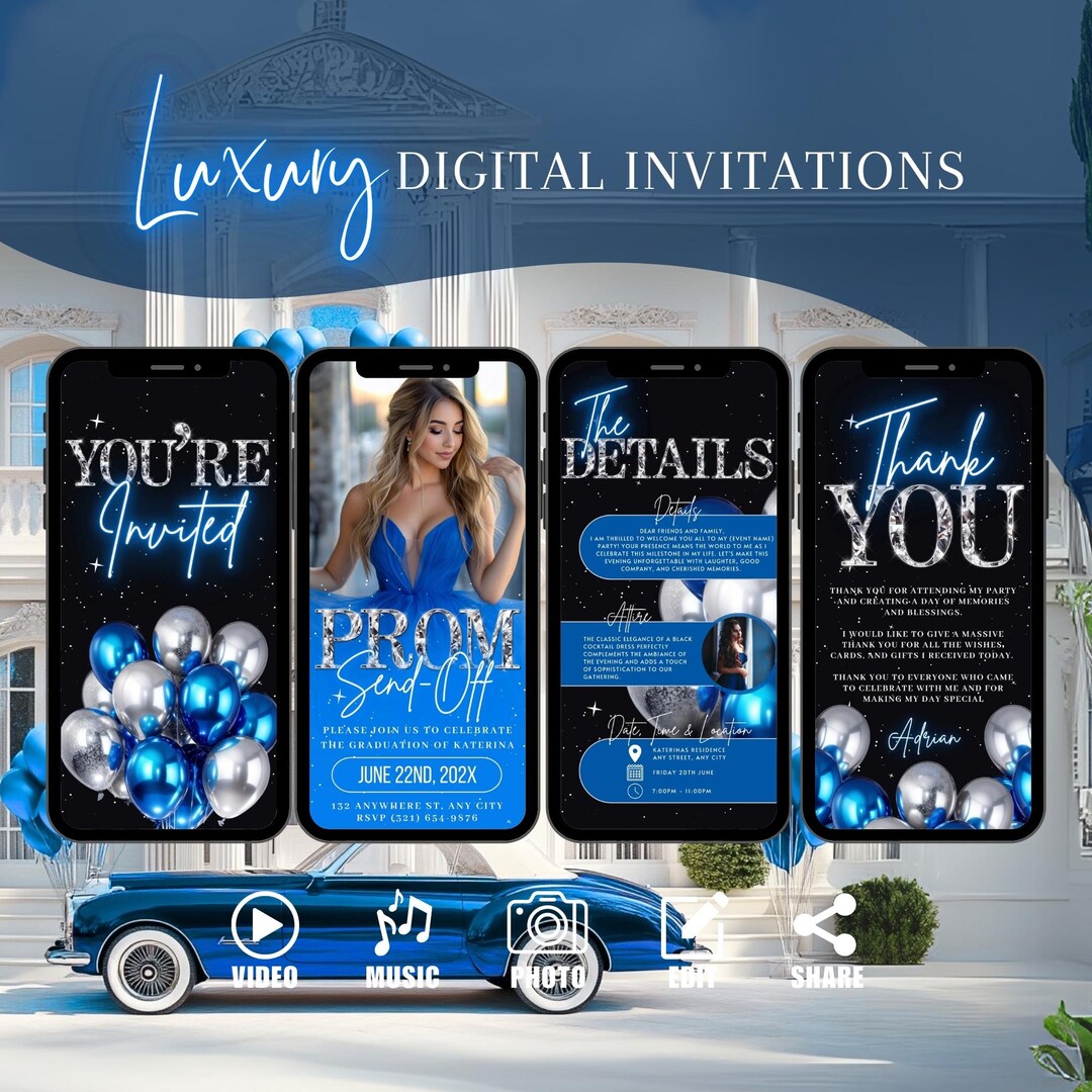 Prom Send off Photo Invitation, Digital Blue Prom Party Invite ...