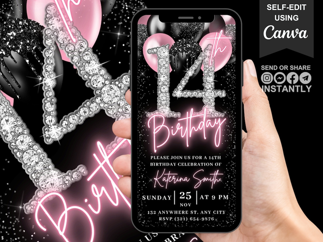 Digital 14th Birthday Invitation, Blush Pink Girls Sweet 14 Diamond ...