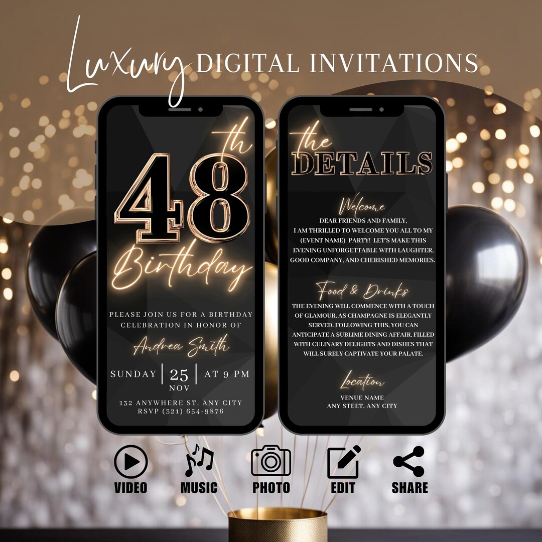 Digital 48th Birthday Party Invitation, Animated Black Gold Dinner ...