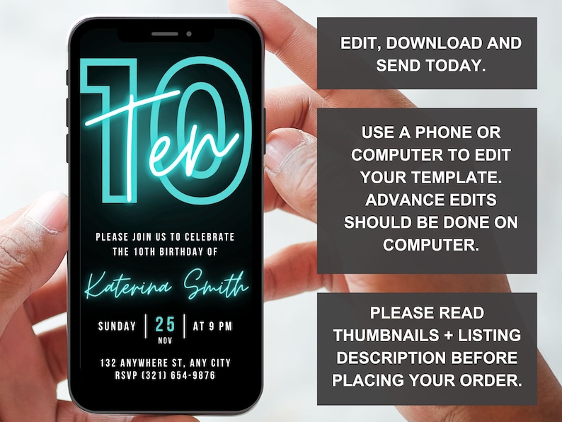 Digital 10th Birthday Party Blue Neon Invitation, Electronic Phone Text ...