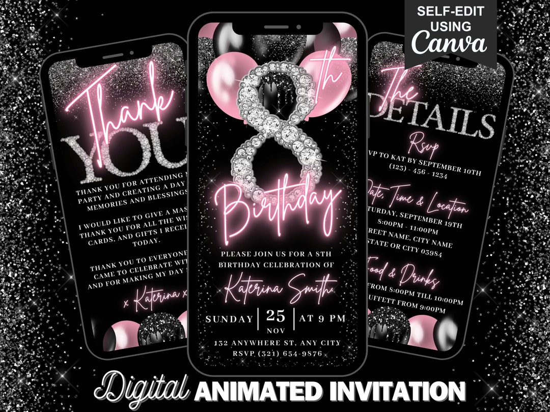 Digital 8th Birthday Invitation for Girls, Turning 8 Blush Pink Video ...