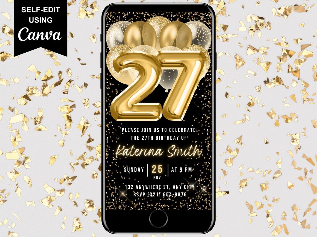 27th Digital Flyer Birthday Invitation, Gold 27 Dinner Party Invite for ...