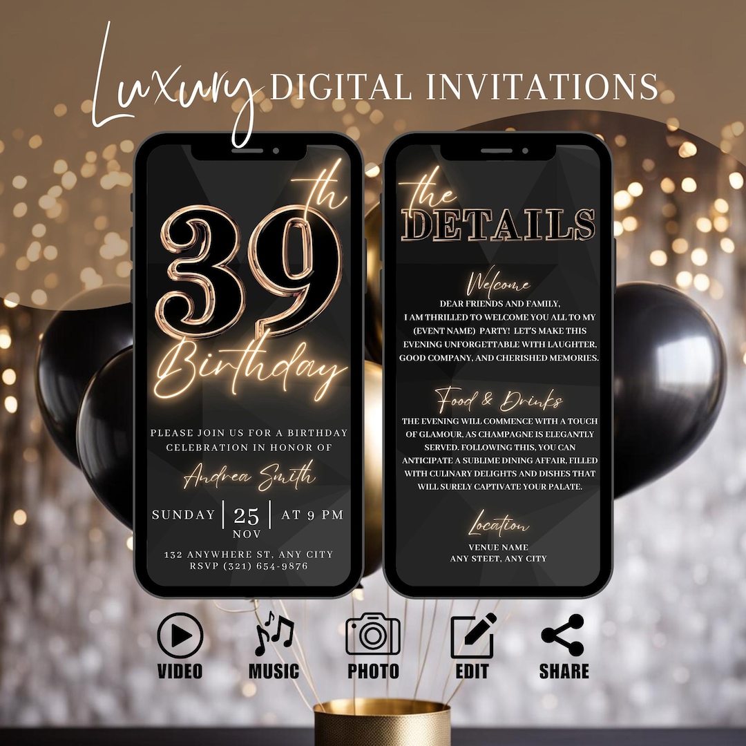 Digital 39th Birthday Party Invitation, Animated Black Gold Dinner ...
