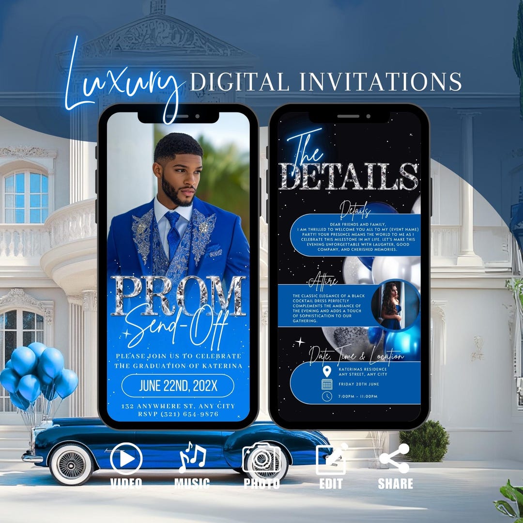 Blue Prom Send off Invitation, Digital Mens Prom Party Invite, Animated ...
