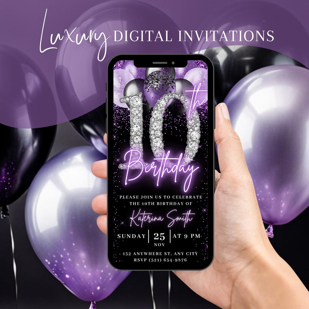 Digital 10th Birthday Invitation, Animated Turning 10 Purple Silver ...