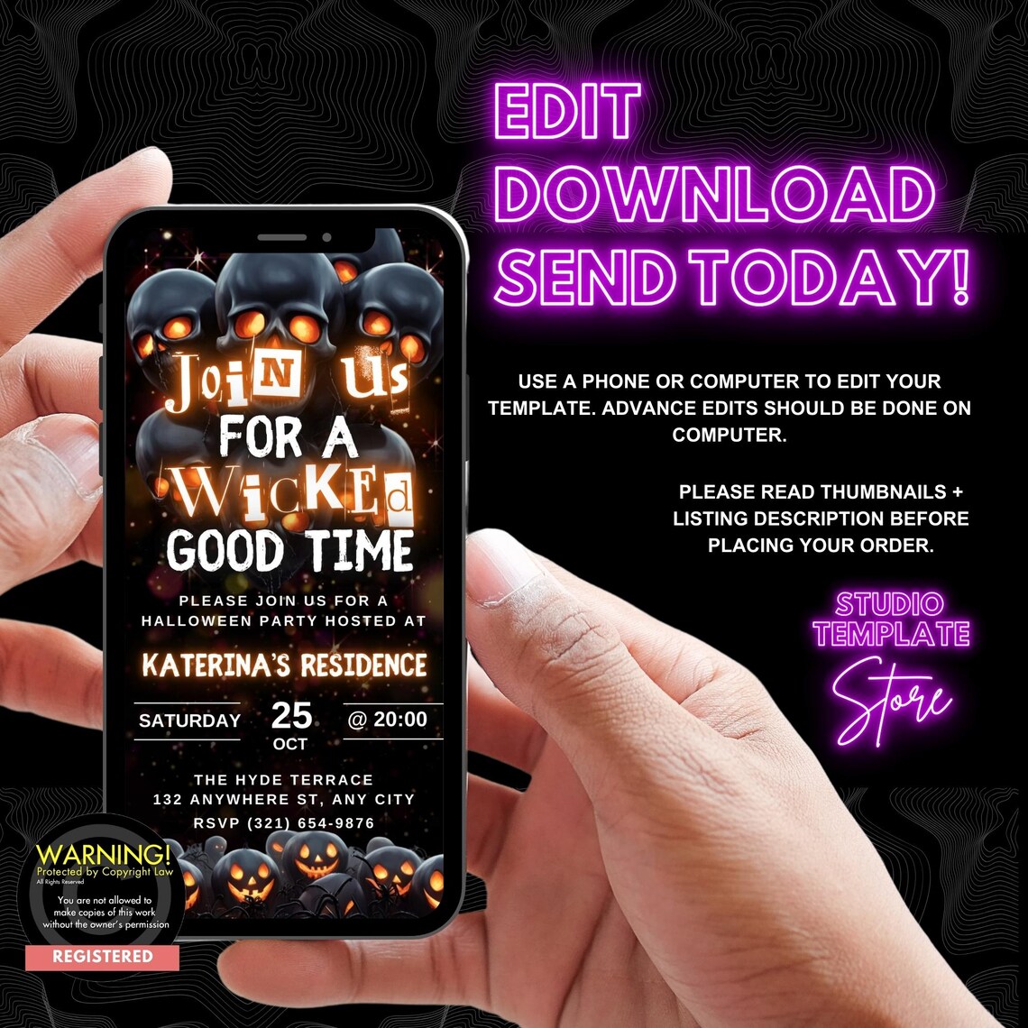 Digital Wicked Good Time Party Invitation, Download Halloween Skull ...