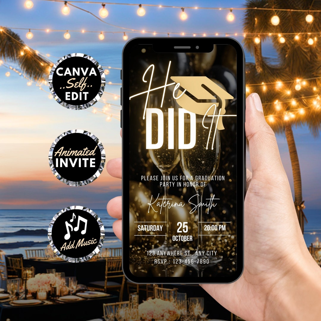 Digital He Did It Invitation, Animated Black Gold Graduation College ...