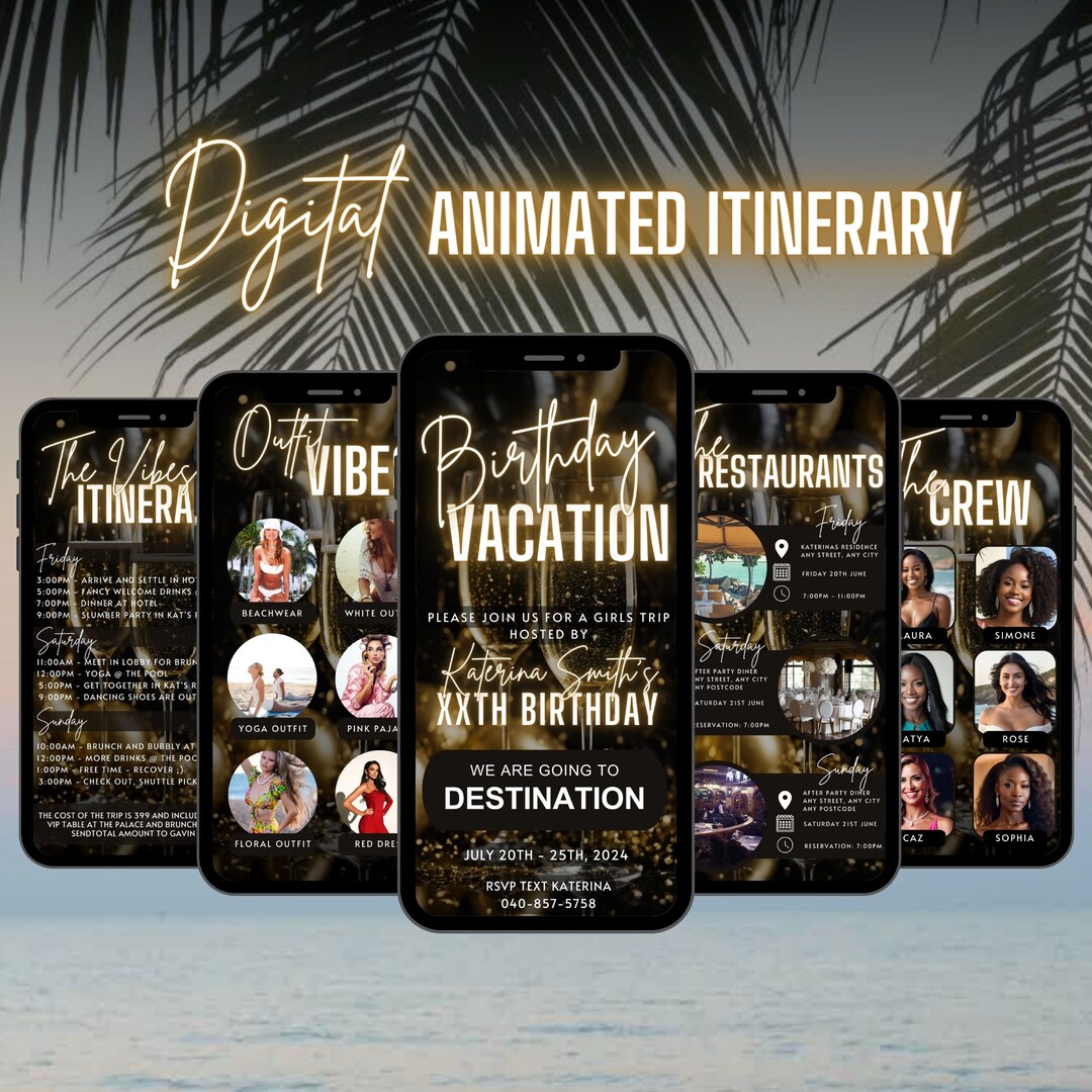 Digital Birthday Vacation Invitation, Animated Travel Itinerary, Black ...