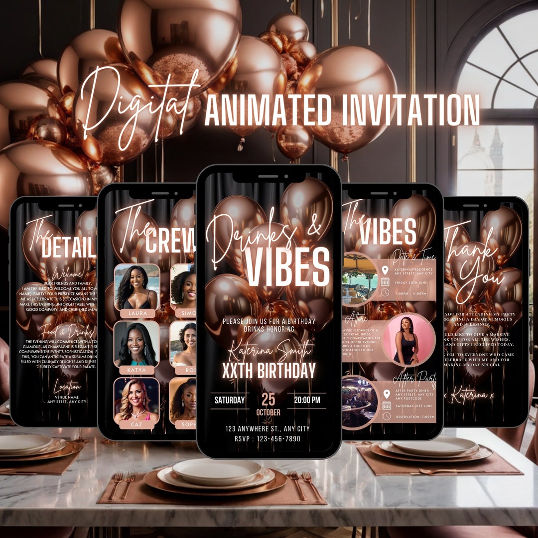 Digital Drinks & Vibes Invitation, Animated Birthday Rose Gold Party ...