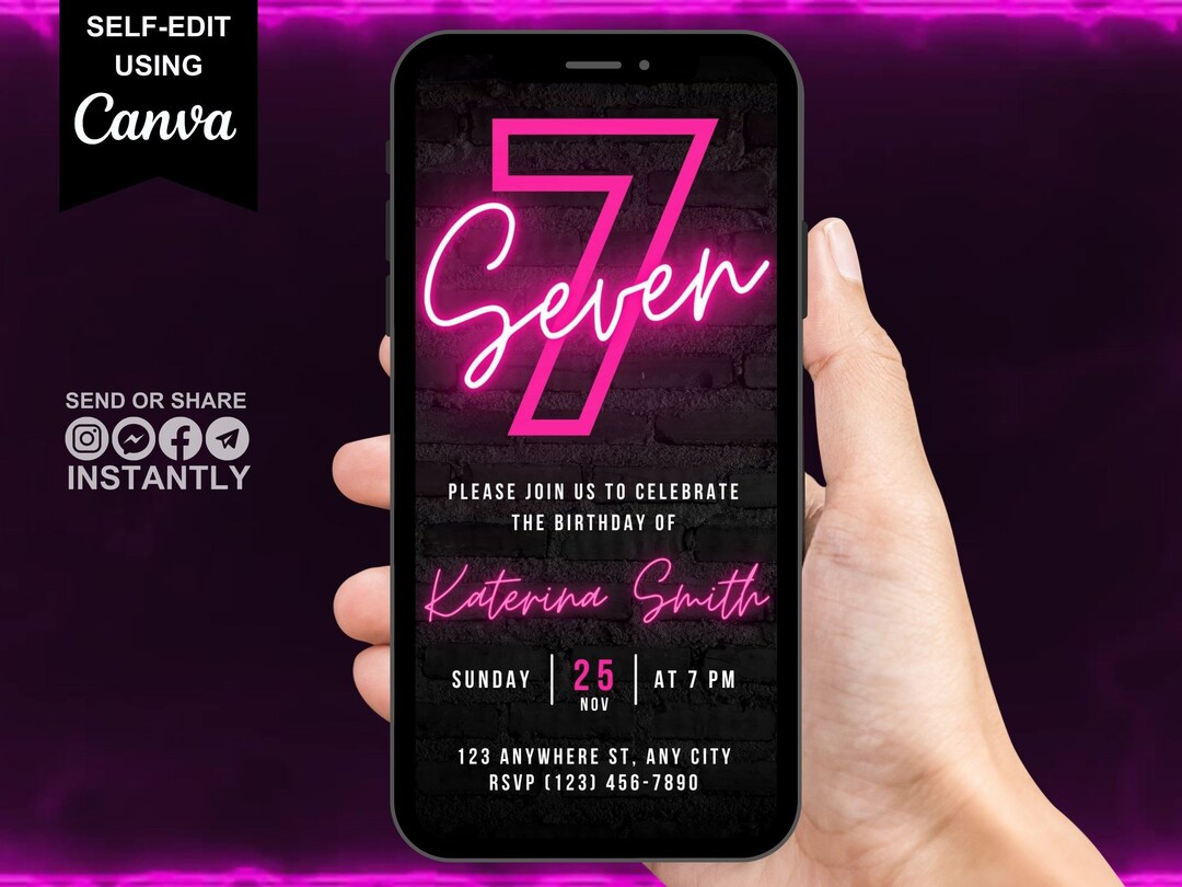 7th Digital Flyer Birthday Invitation, Animated Pink Neon Turning 7 ...