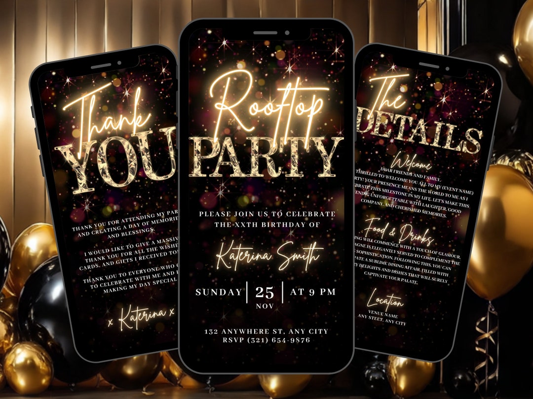 Digital Rooftop Gold Invitation, Animated Birthday Brunch Dinner Party ...