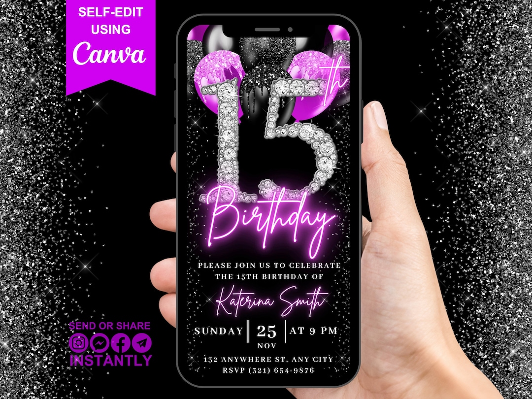 Digital 15th Birthday Invitation, Animated 15th Pink Invite for Teens ...