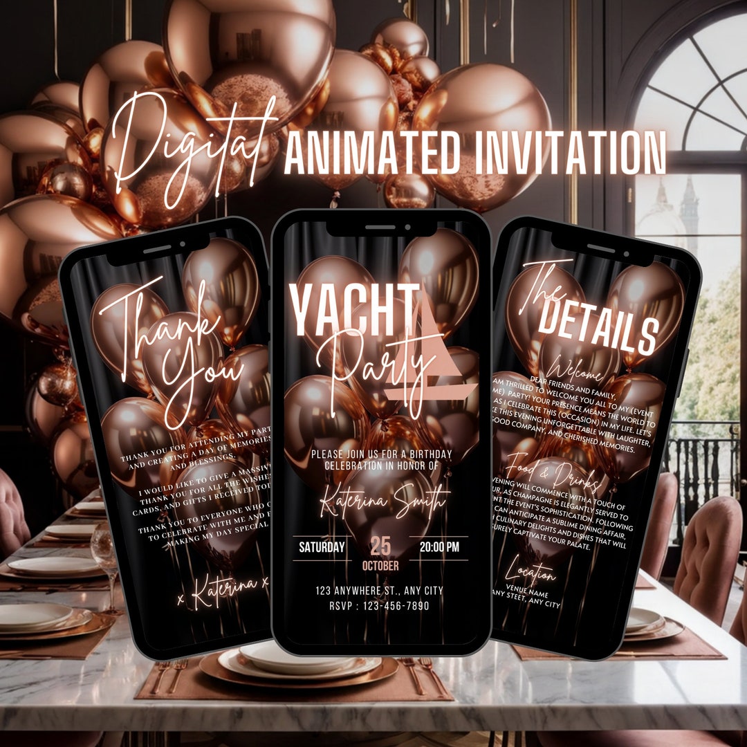 Digital Yacht Party Invitation, Animated Boat Party Invite, Rose Gold ...