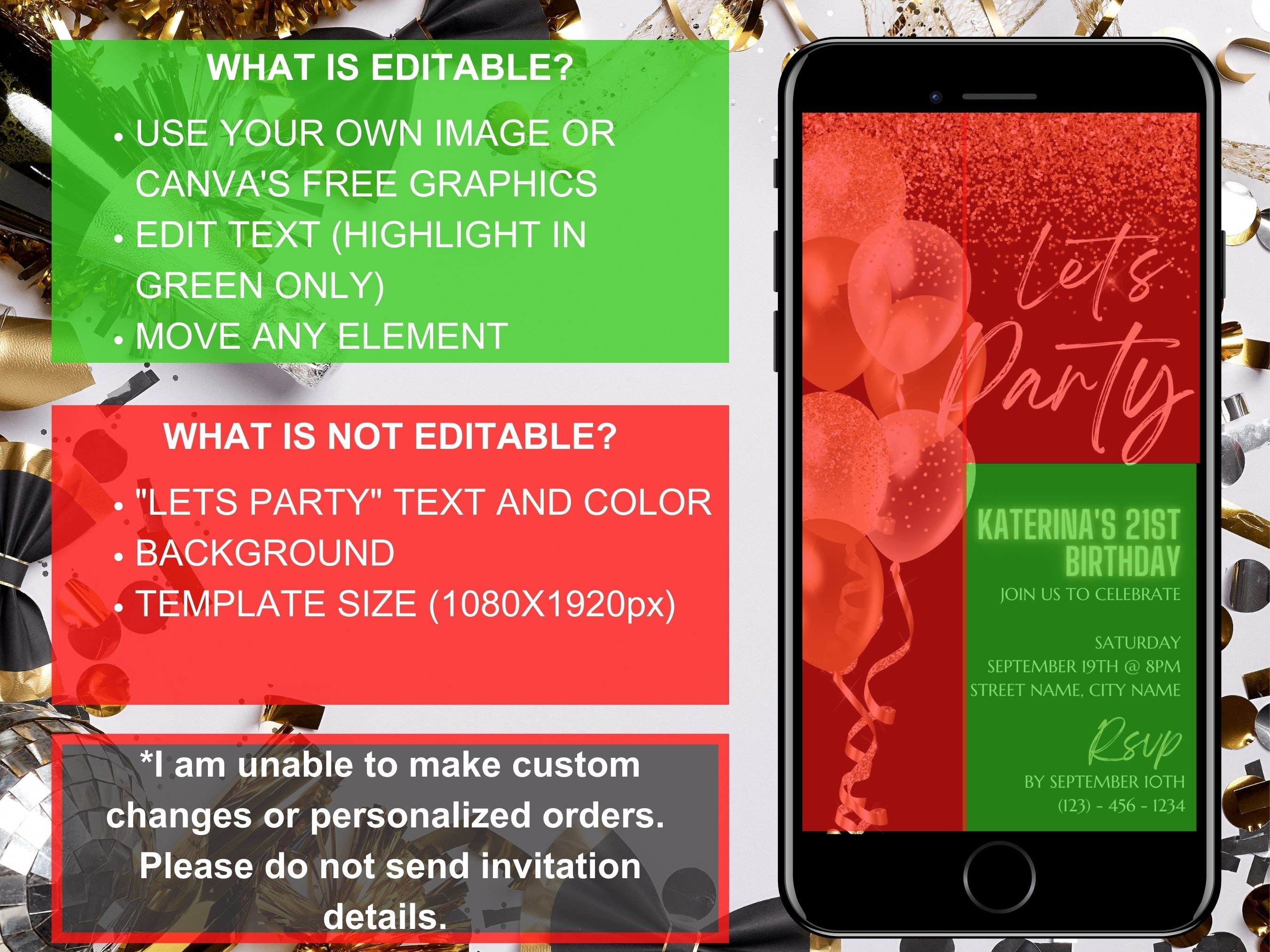 Editable Birthday Party Digital Invitation, Text Electronic Black ...