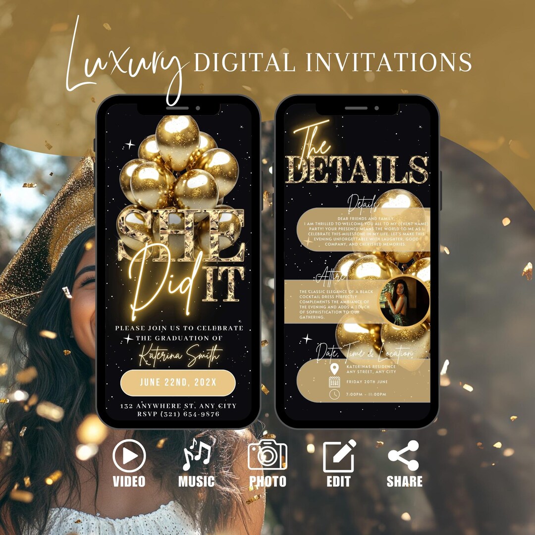 Digital Graduation She Did It Invitation, Gold Electronic 2025 Grad ...