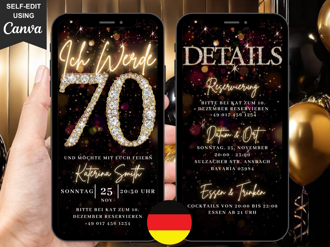 German Digital 70th Birthday Invitation, Animated Seventy Brunch Invite ...