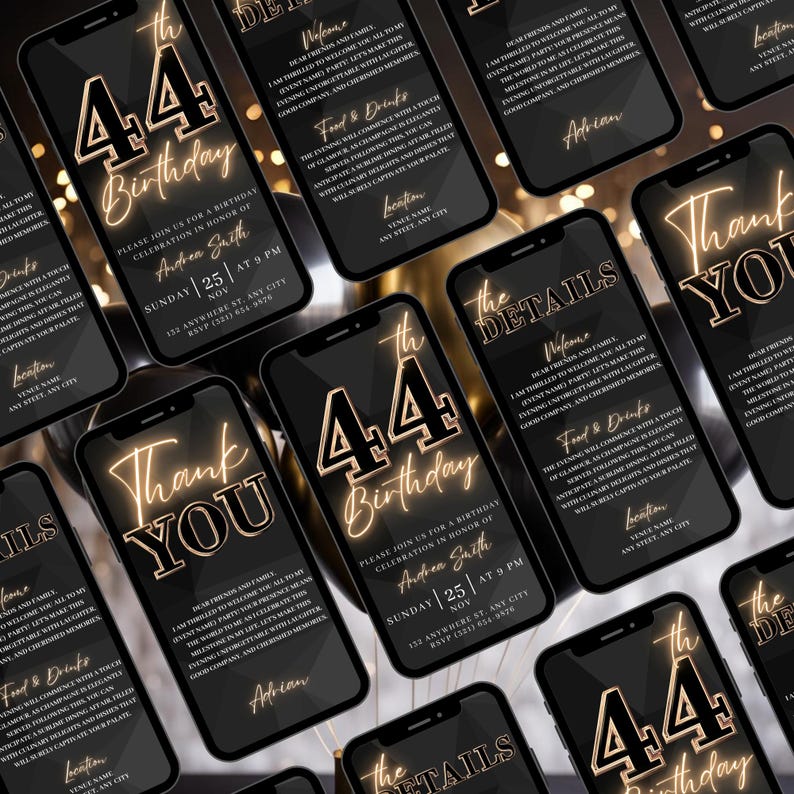 Digital 44th Birthday Party Invitation, Animated Black Gold Dinner ...