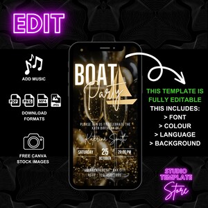 Digital Boat Party Invitation, Animated Yacht Party Invite, Black Gold ...