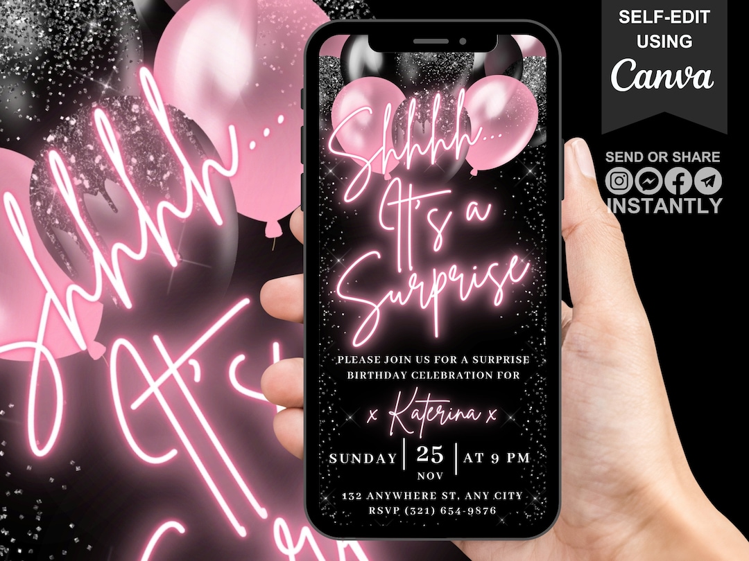 Digital Surprise Blush Pink Invitation, Animated Birthday Surprise ...