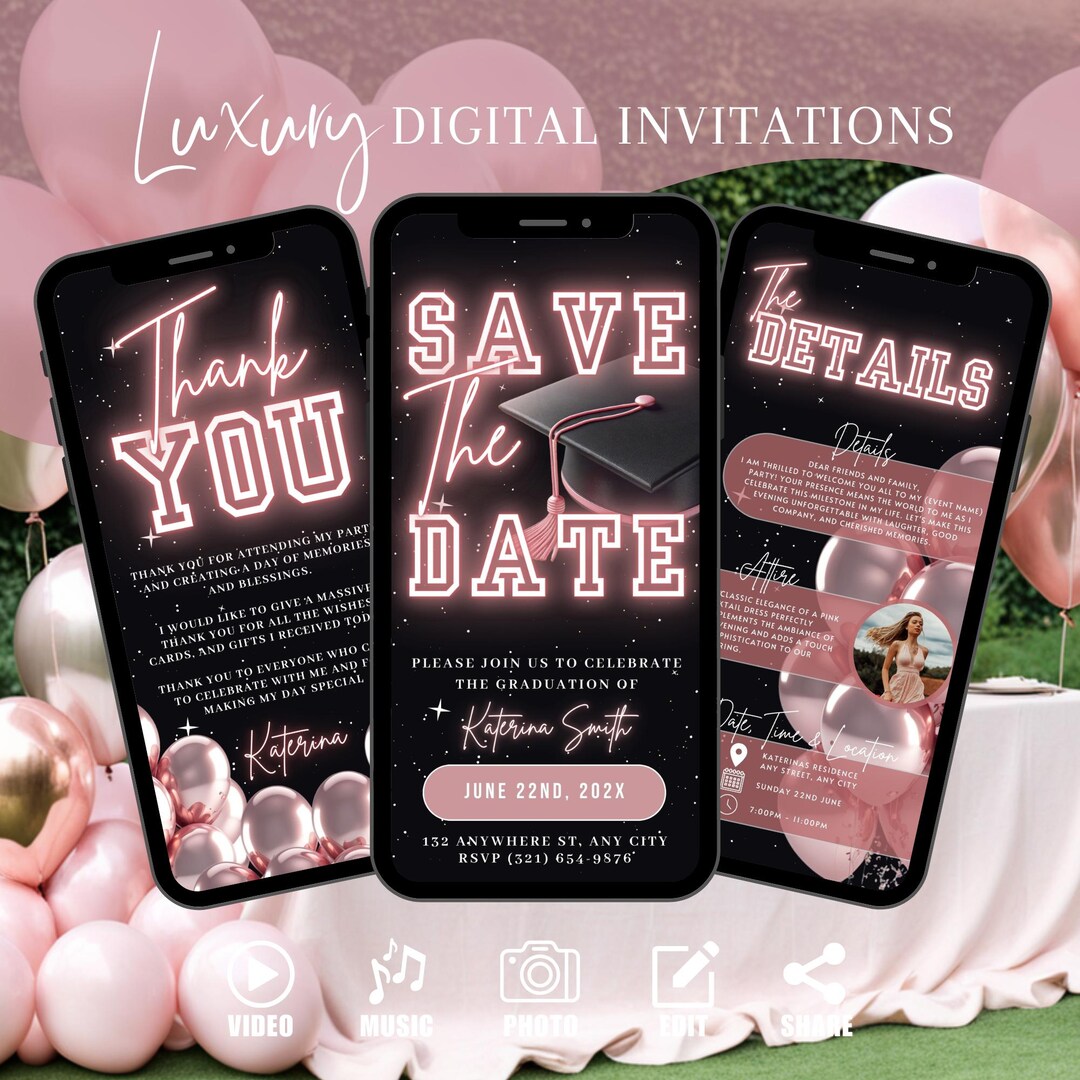 Digital Graduation Save the Date Invitation, Pink Class of 2026 Invite ...