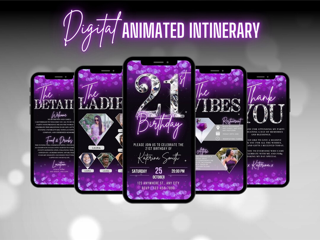 21st Digital Flyer Birthday Invitation, Animated Purple Womens Diamond Invite, Luxury Dinner ...
