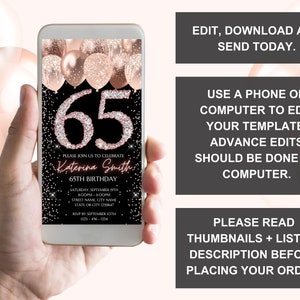 Digital 65th Birthday Invitation, Animated 65 Dinner Party Invite, Rose ...