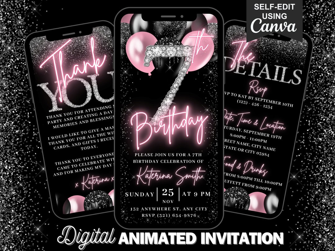 Digital 7th Birthday Invitation for Girls, Animated Cute Blush Pink ...
