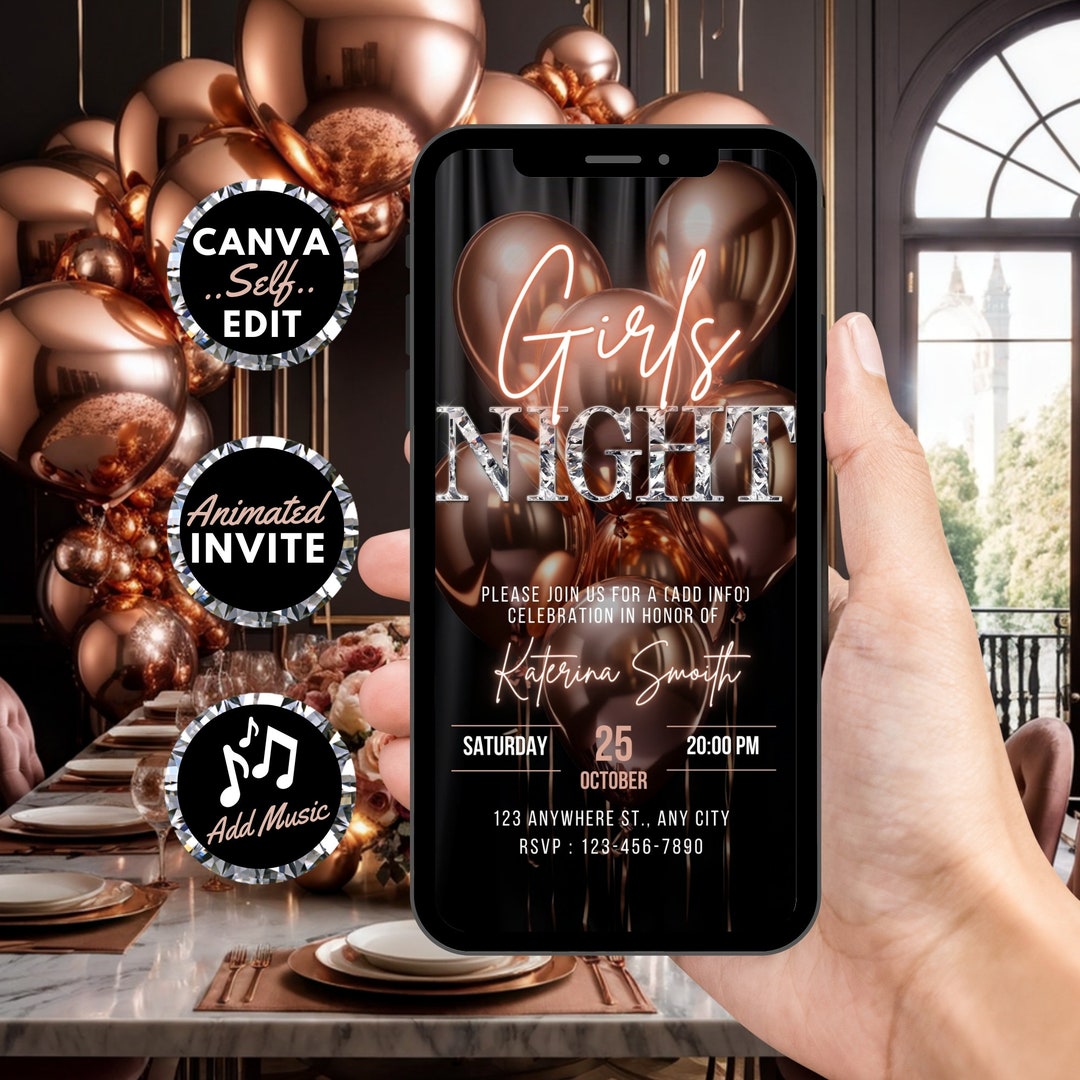 Digital Girls Night Out Invitation, Animated Ladies Rose Gold Birthday ...