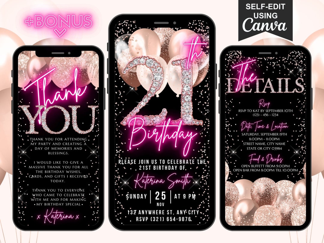 Digital 21st Birthday Invitation, Animated 21st Party Invite, Cute Rose ...