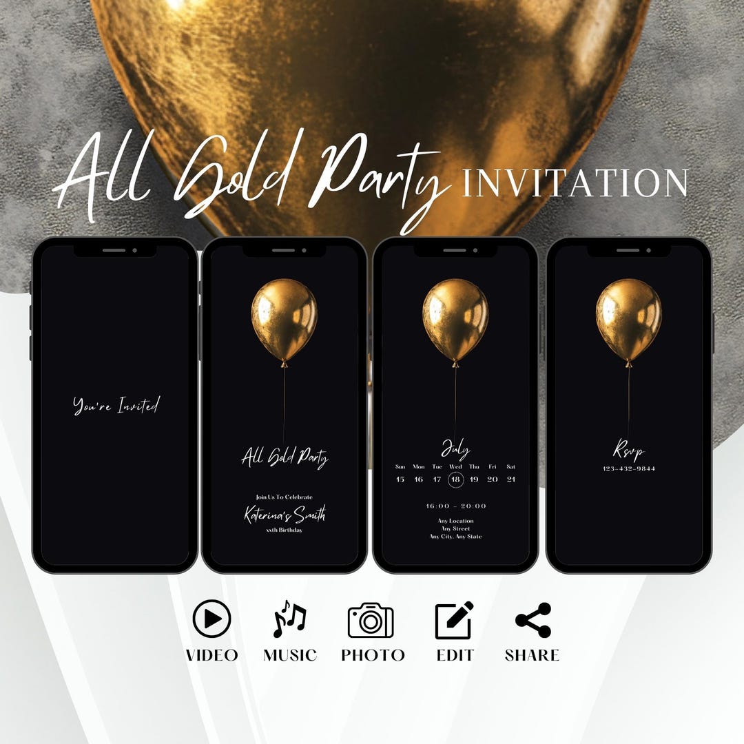 Minimalist All Gold Party Invitation, Elegant Animated Birthday Invite ...