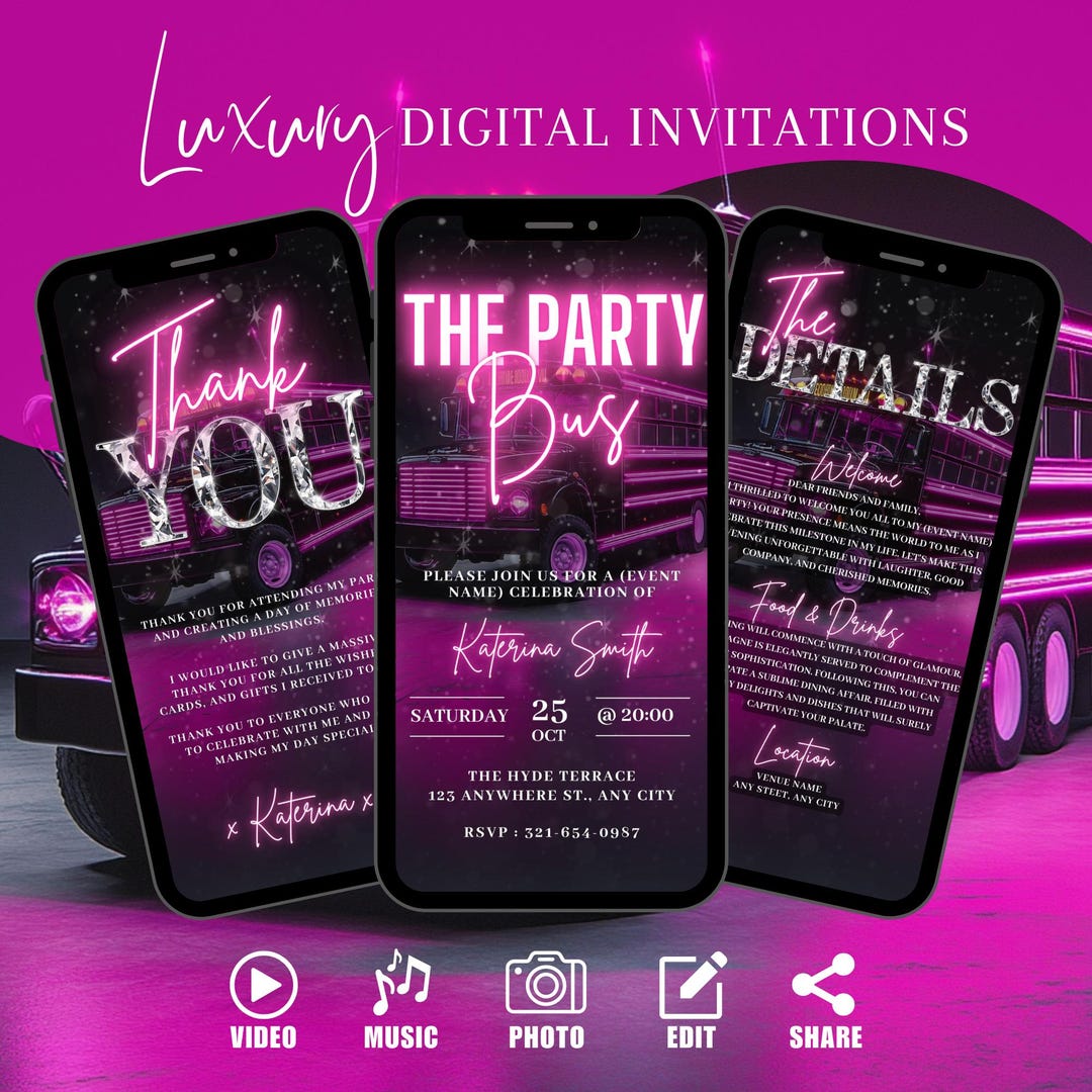 Digital Party Bus Invitation, Girls Limo Birthday Party Invite, Pink ...