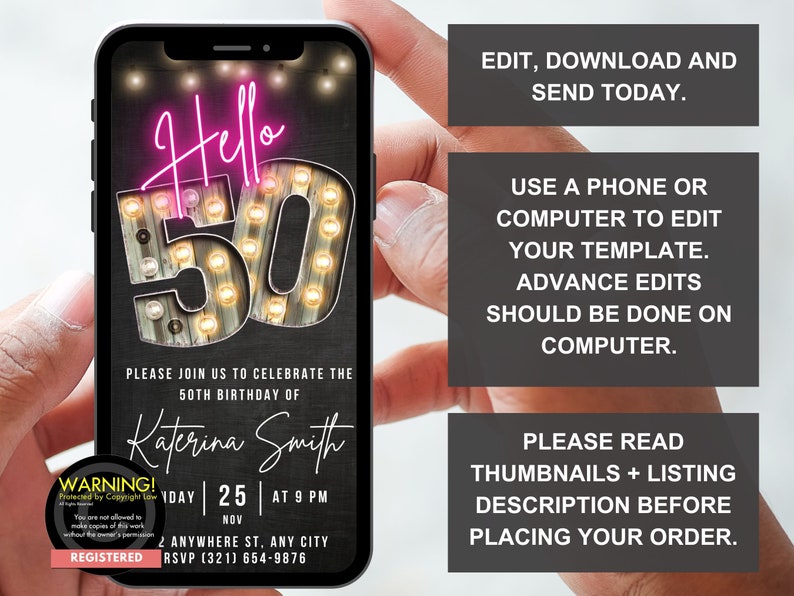 Digital Hello Fifty 50th Birthday Invitation, Electronic Birthday Party ...