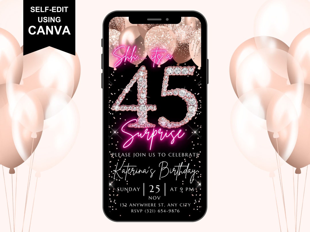 Surprise 45th Birthday Digital Invitation, Electronic 45th Birthday ...
