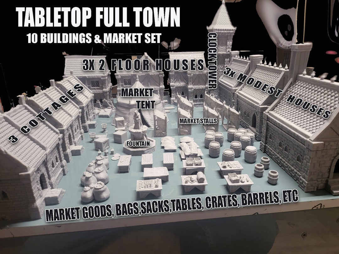 Tabletop Town Set, 32mm Scale, 10 Buildings Market Playable Interior ...