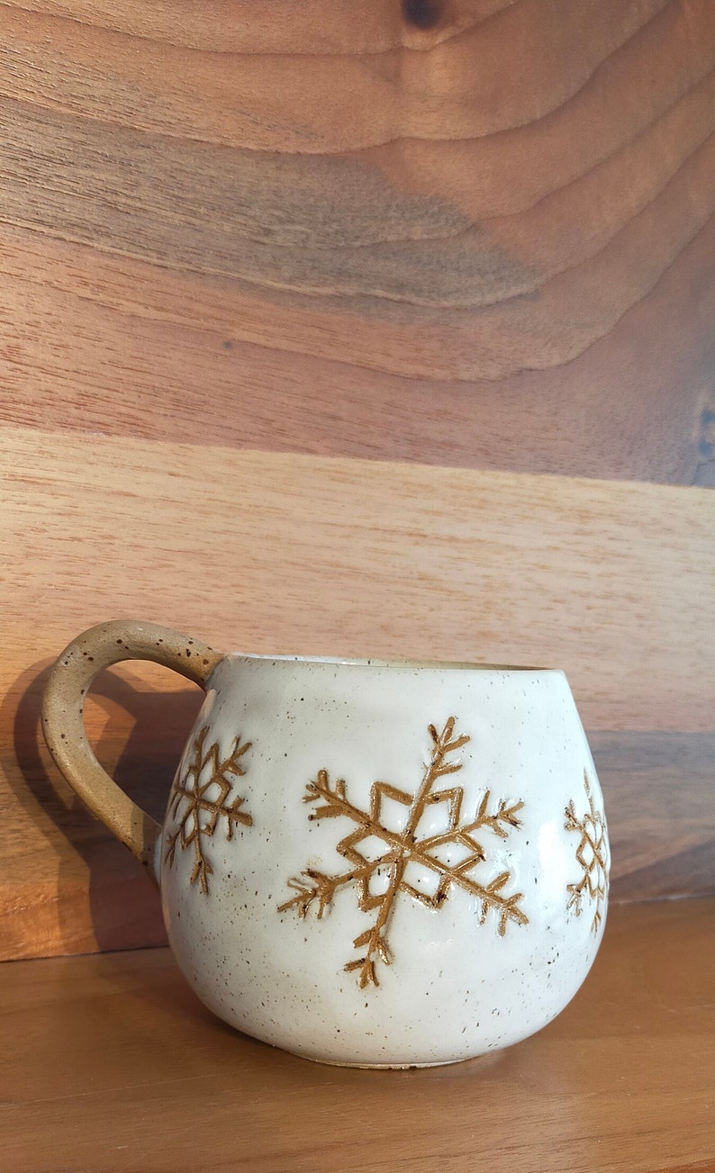 Hand Carved Snowflake Mug, White Winter Mug, Stoneware Mug, Snowflake ...