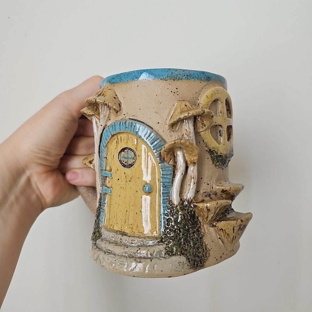 Fantasy Mushroom Hobbit House Mug, Handmade Stoneware Fantastic Mug ...