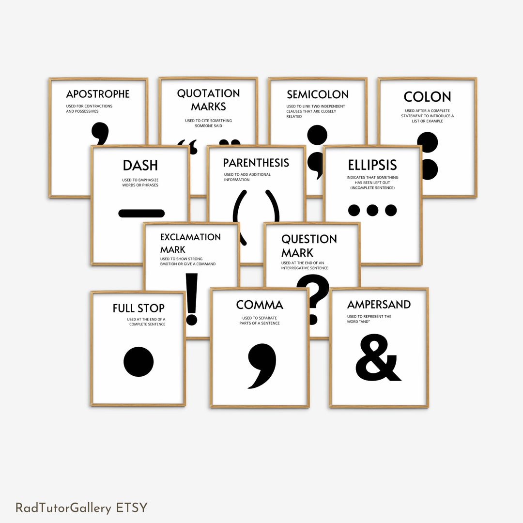 Punctuation English Classroom Posters Set of 12, Black and White ...