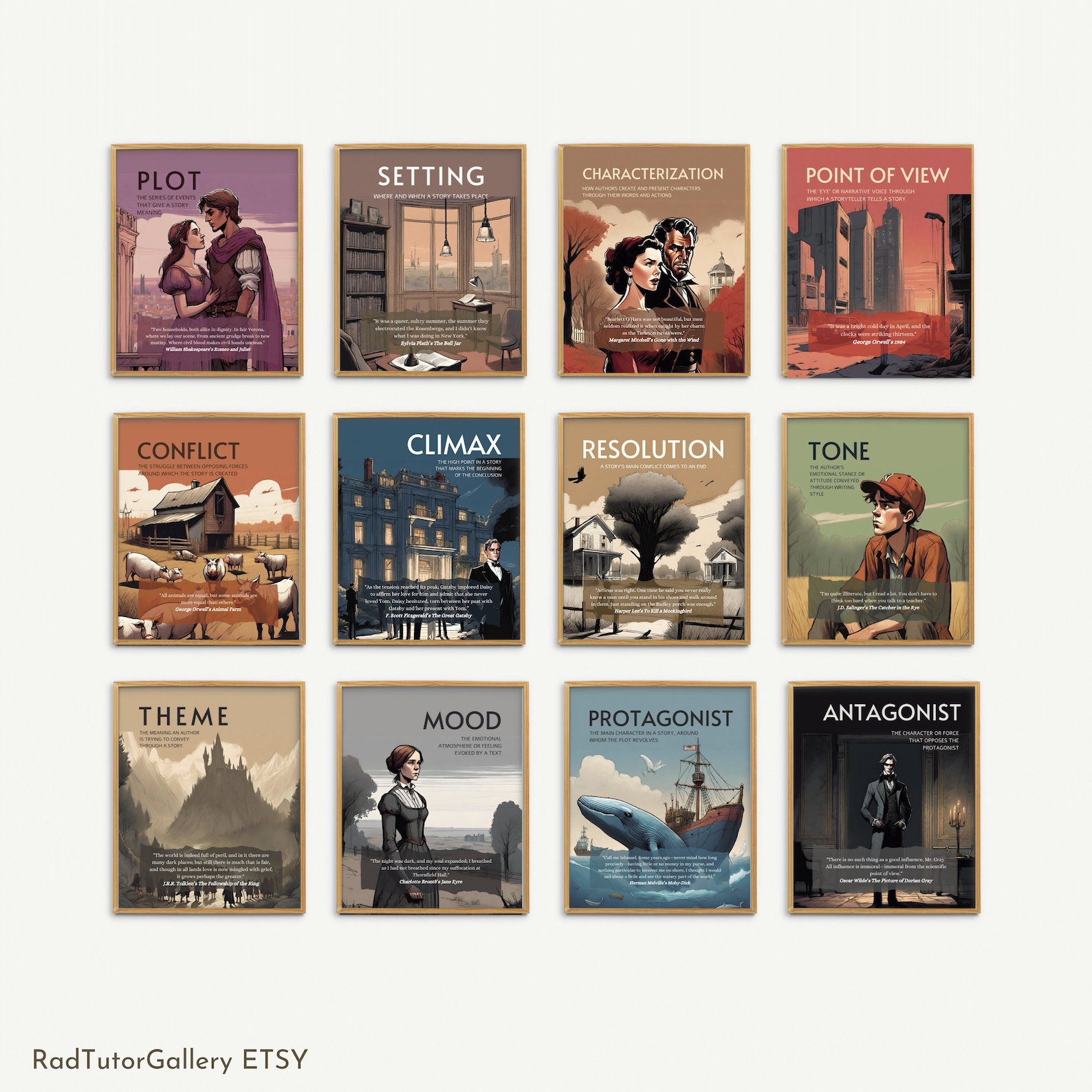 Literary Elements Posters Set of 12, English Literary Wall Arts ...