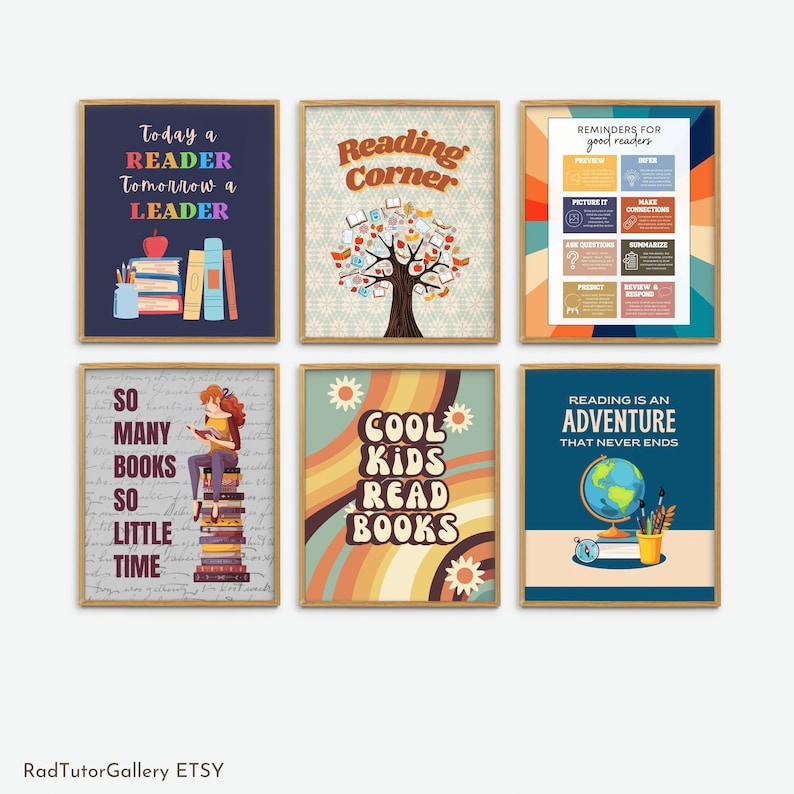Retro Reading Corner Posters Set, English Literary Wall Art, English ...