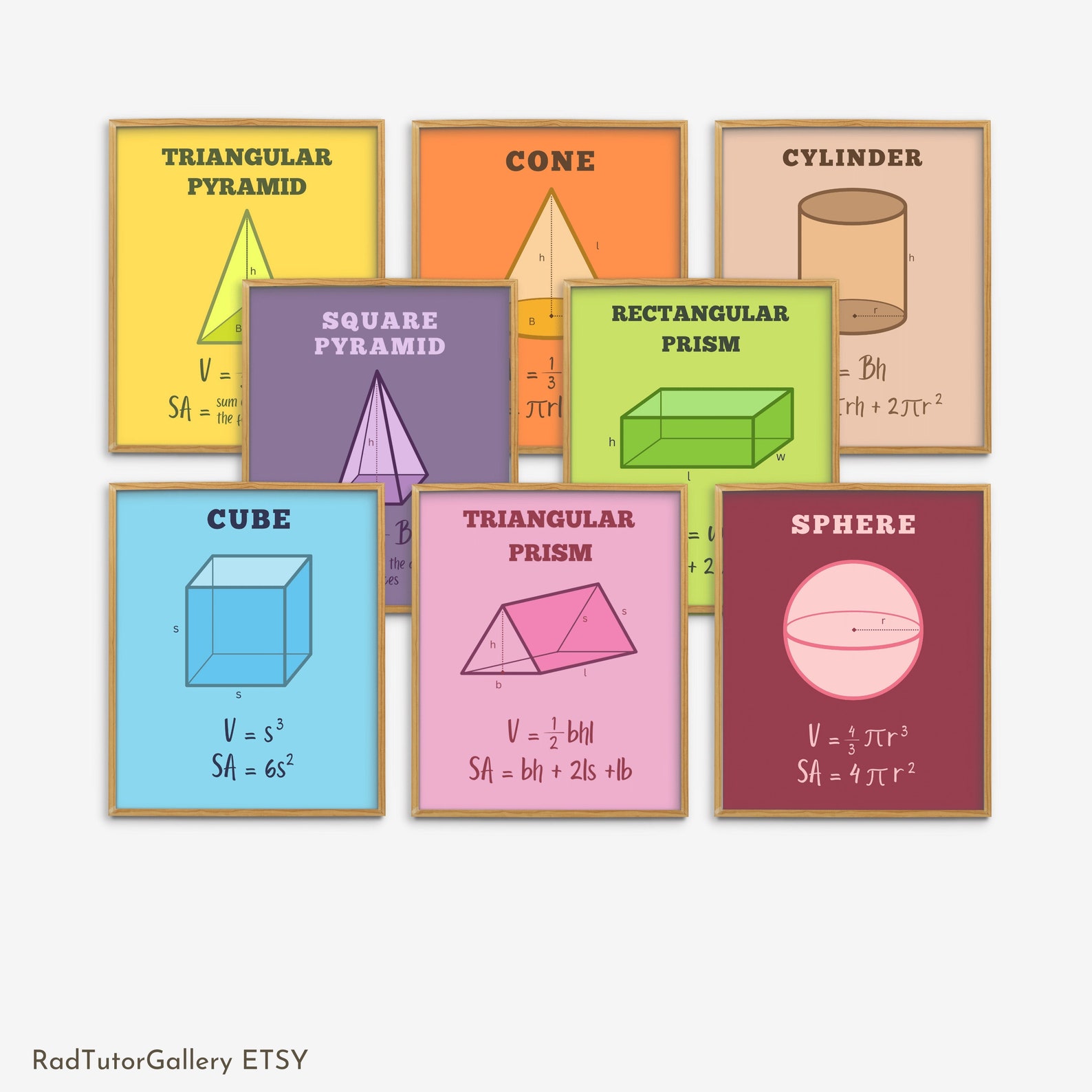 VOLUME and SURFACE AREA Formulas Posters Set, Geometry 3D Shapes ...