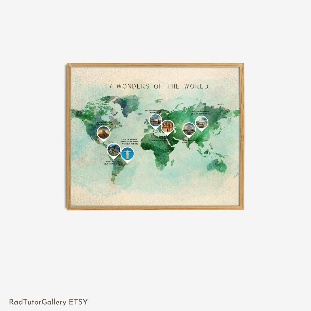 7 Wonders of the World Wall Art, Seven Wonders Poster, World Map Wall ...