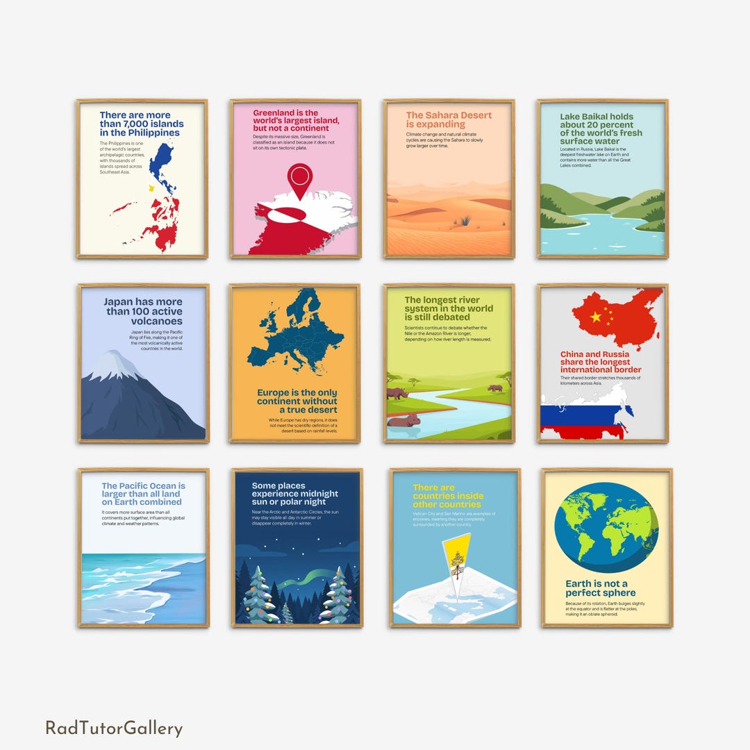 Geography Fun Facts Posters Set of 12, World Geography Classroom Decor ...