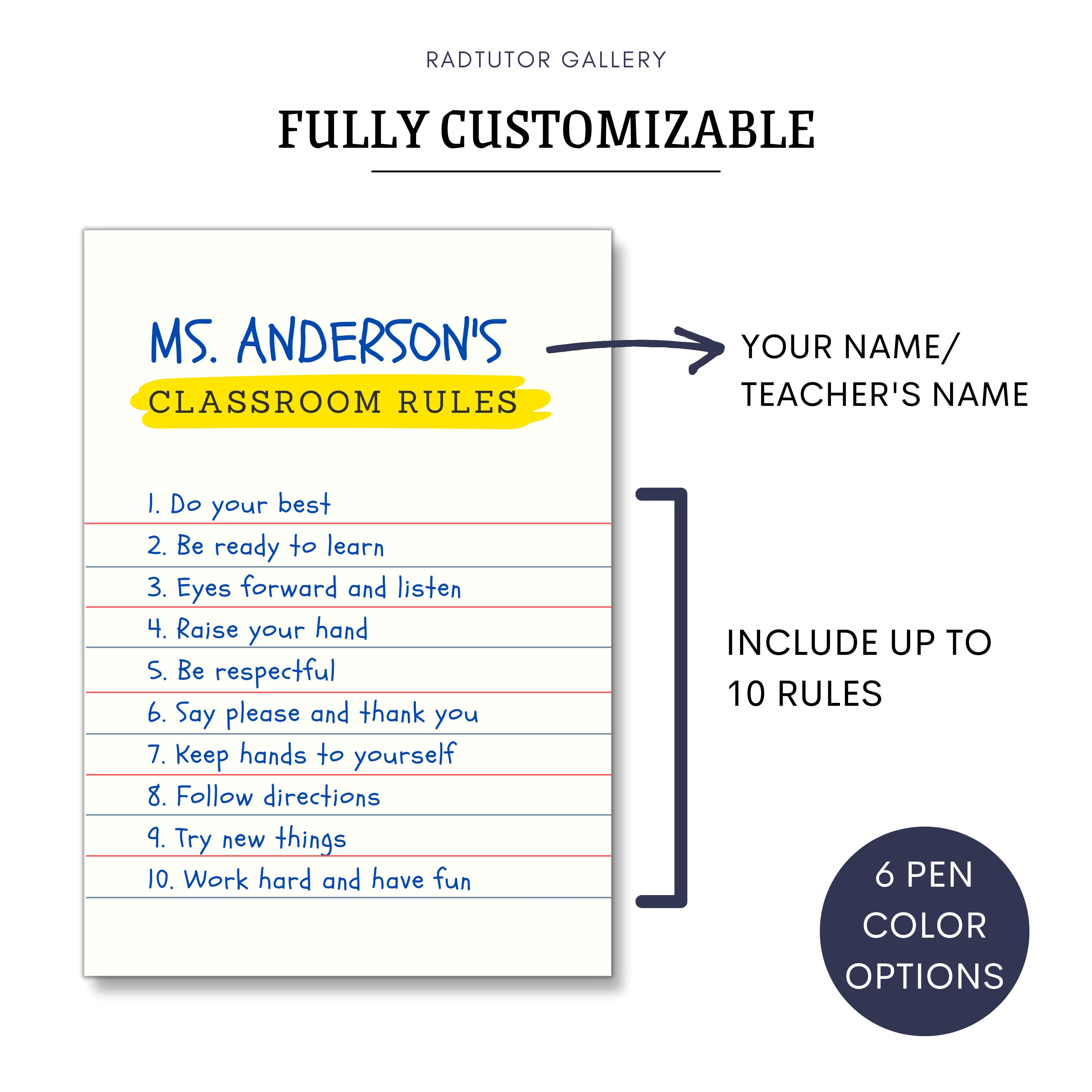 Custom Classroom Rules Notebook Style, Personalized Rules, Teachers ...