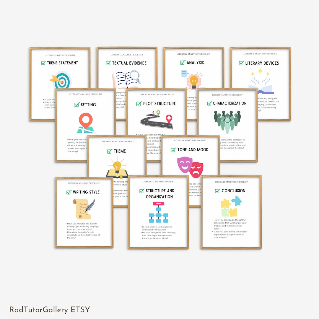 Literary Analysis Checklist Posters, English Literary Wall Art Sets of ...