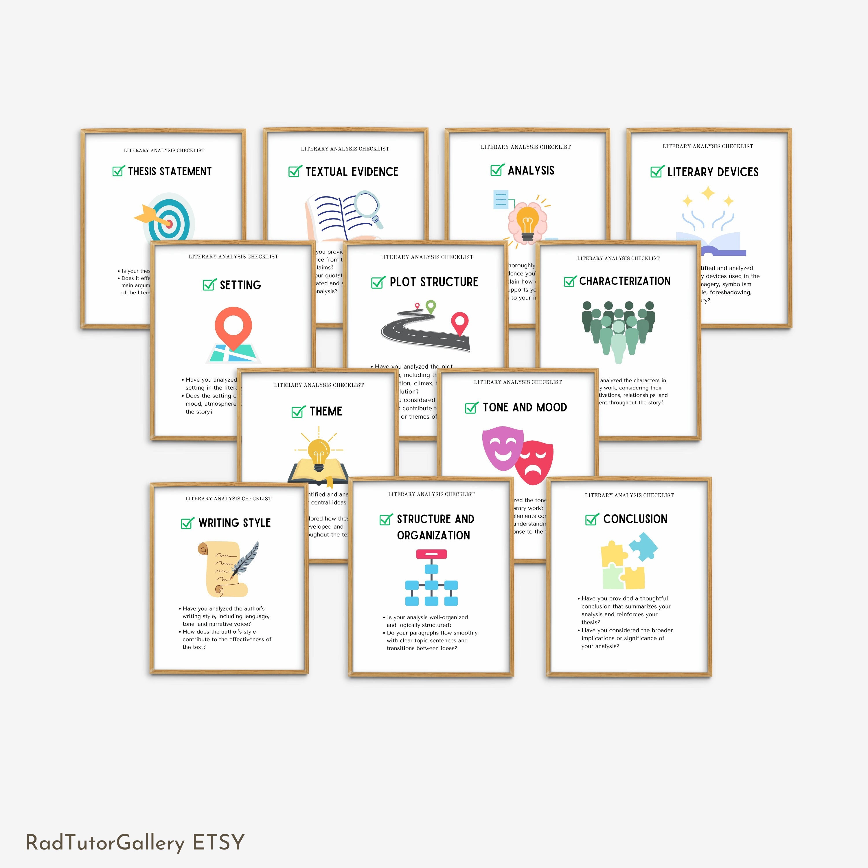 Literary Analysis Checklist Posters, English Literary Wall Art Sets of ...