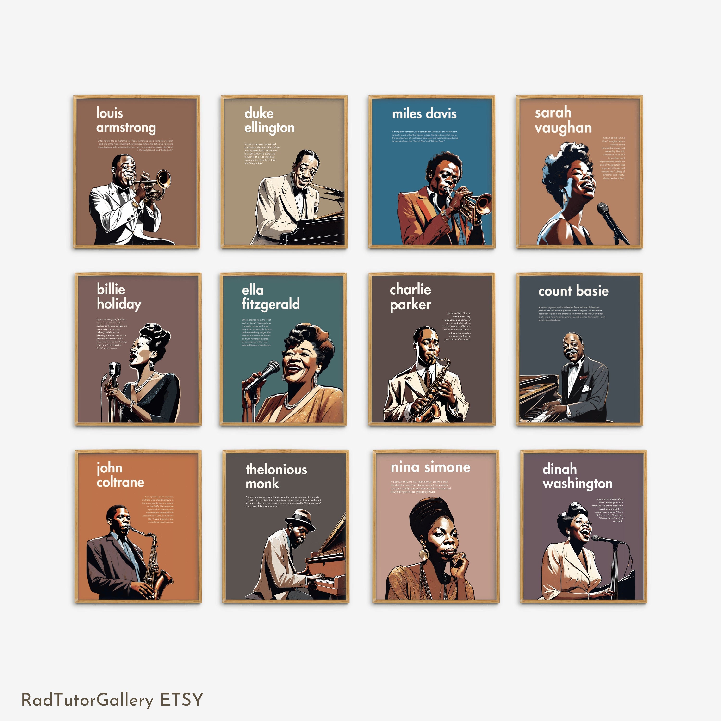 Famous Jazz Artists Set of 12 Gallery Wall Art, Music Classroom Posters ...