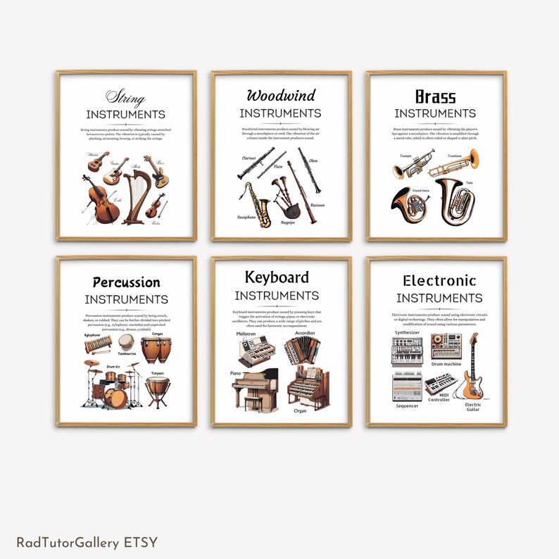 Music Instruments Set of 6 Gallery Wall Art, Music Classroom Poster ...