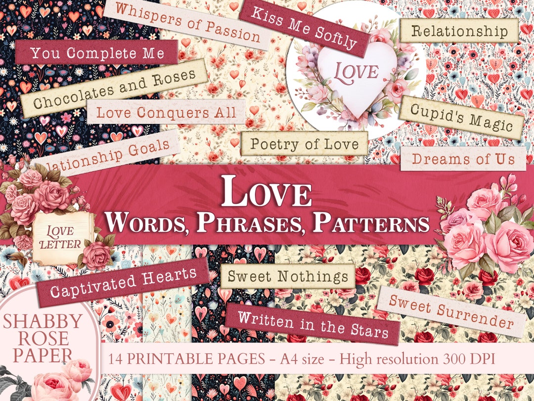 Valentine's Day Junk Journal Printable Love Words and Pattern ...