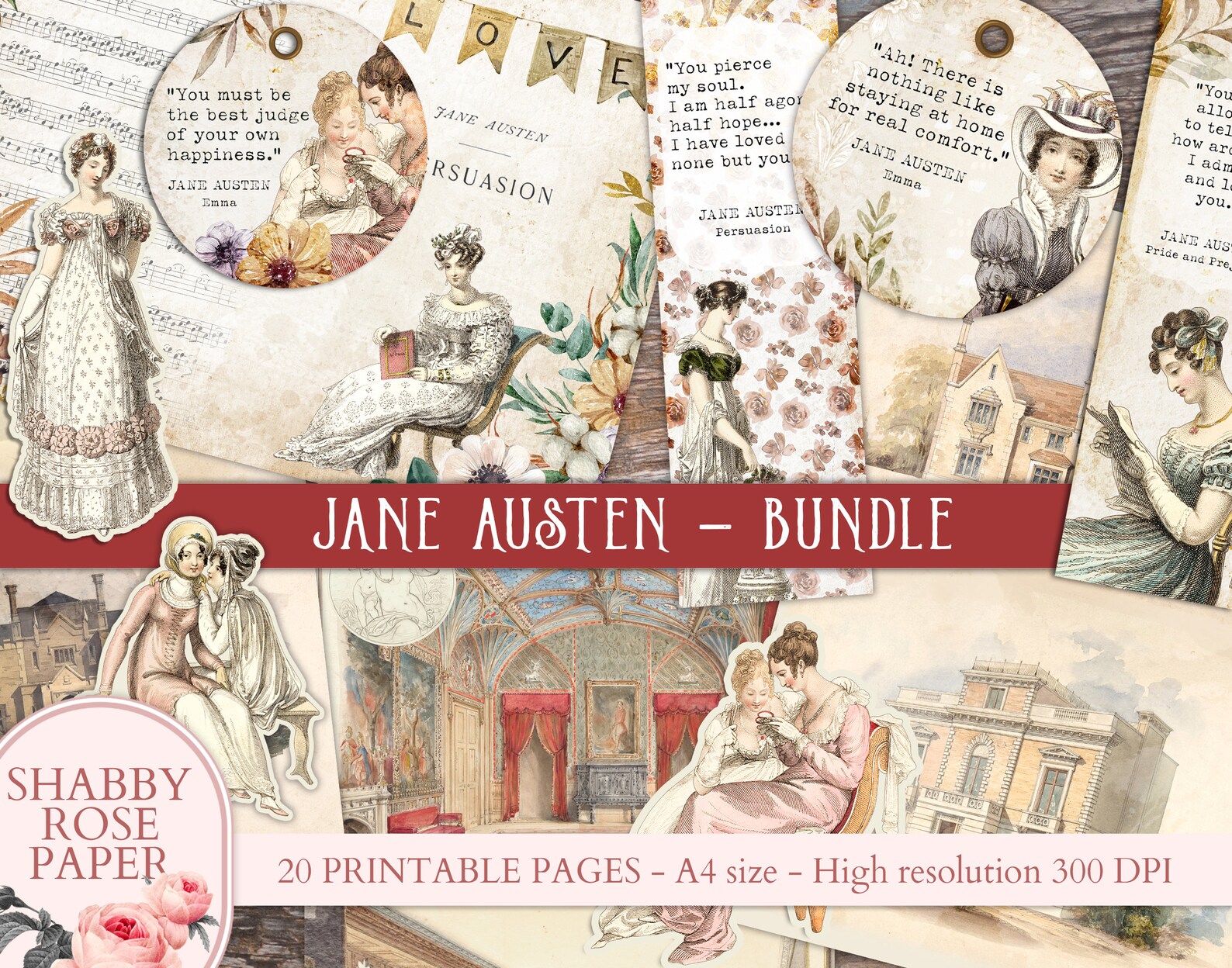 20 Pages BUNDLE. Jane Austen Quotes Vintage Ephemera. Pride and ...